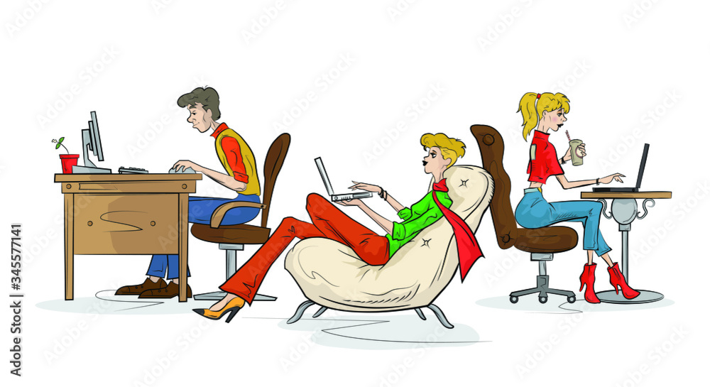 Man and woman works on the computer. Hand drawn sketch vector ...