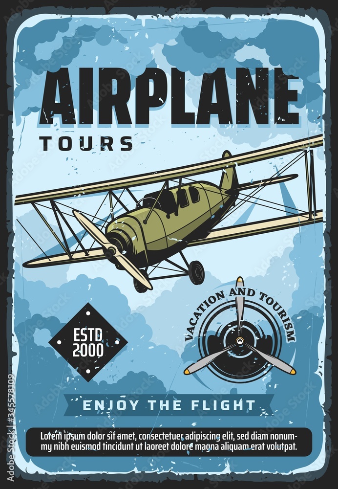 Airplane flight tours, plane travel and air tourism, vector vintage ...