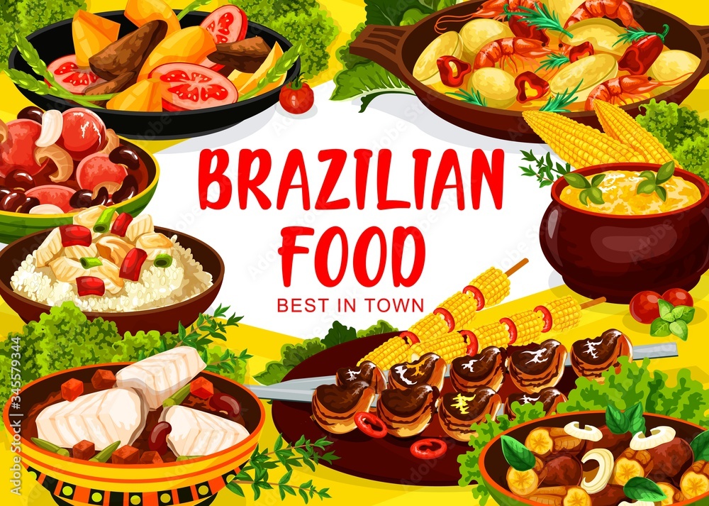 Plakat Brazilian cuisine food dishes, Brazil restaurant menu vector ...