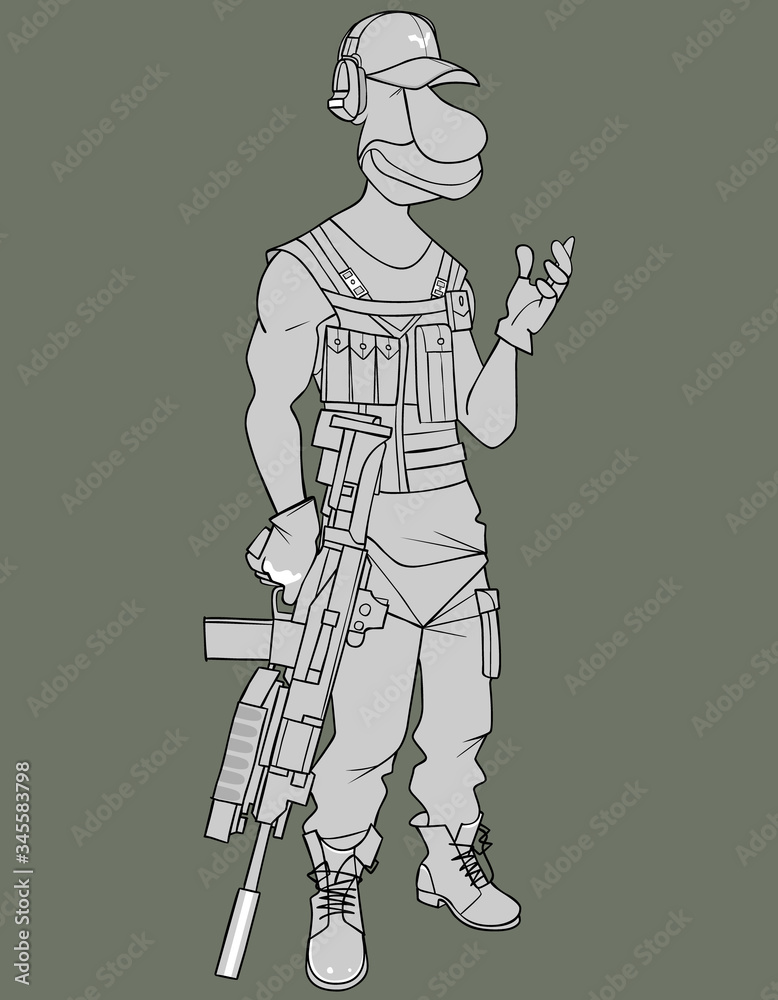 sketch of a cartoon armed man with a machine gun in his hand Stock ...
