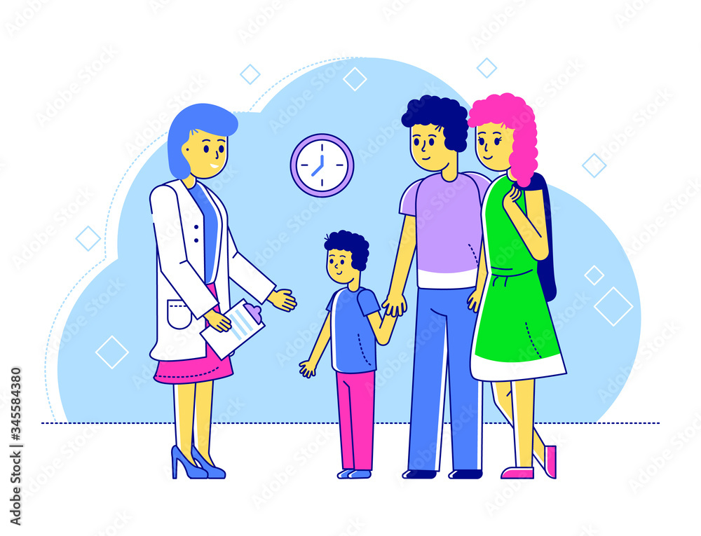 Line doctor pediatrician vector illustration. Cartoon flat happy father ...