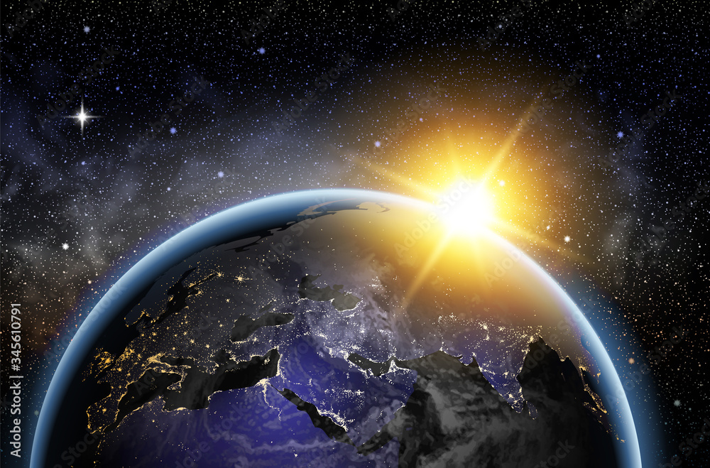 Earth in the night sky and the Milky Way. Highly realistic illustration ...