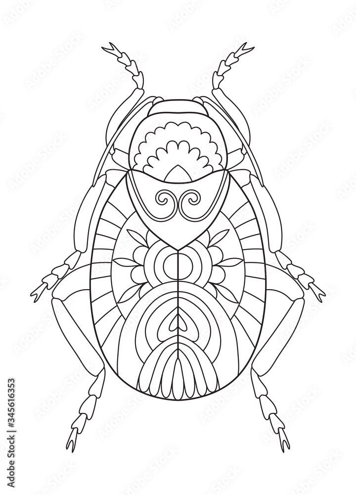 Coloring page. Antistress coloring book for adults Hand drawn beetle ...