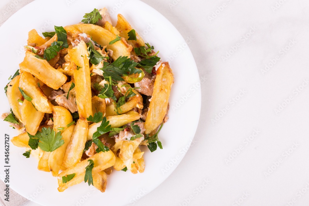 Canadian poutine french fries with brown gravy sauce, chicken and ...