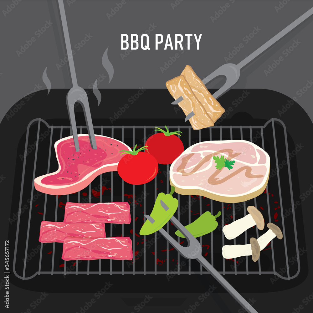 Set of Barbeque BBQ Grill food for party, beef, pork, meat and ...