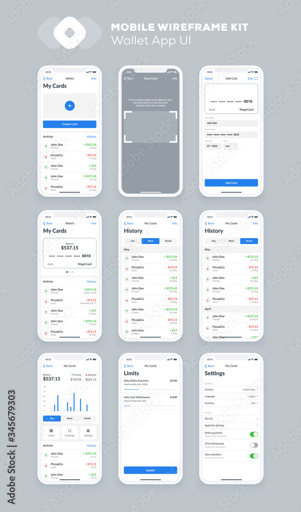 Wireframe UI kit for smartphone. Mobile App UX design. New OS wallet ...