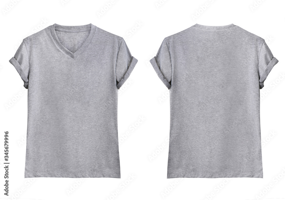 Gray V-Neck T-shirts front and back on white background Stock Photo ...