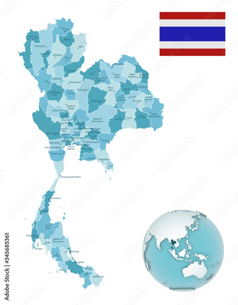 Thailand administrative blue-green map with country flag and location ...