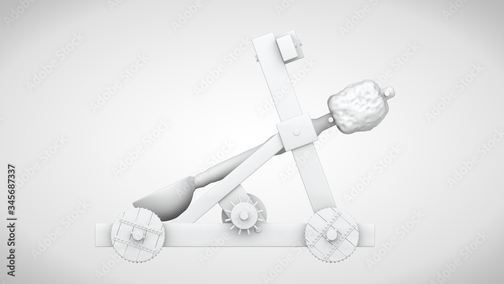 3D rendering of an old catapult with two buckets without textures. The ...