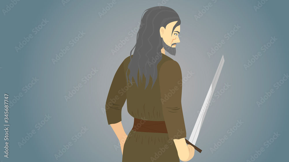 Young man with gray hair and scar on face holding sword ready to fight ...