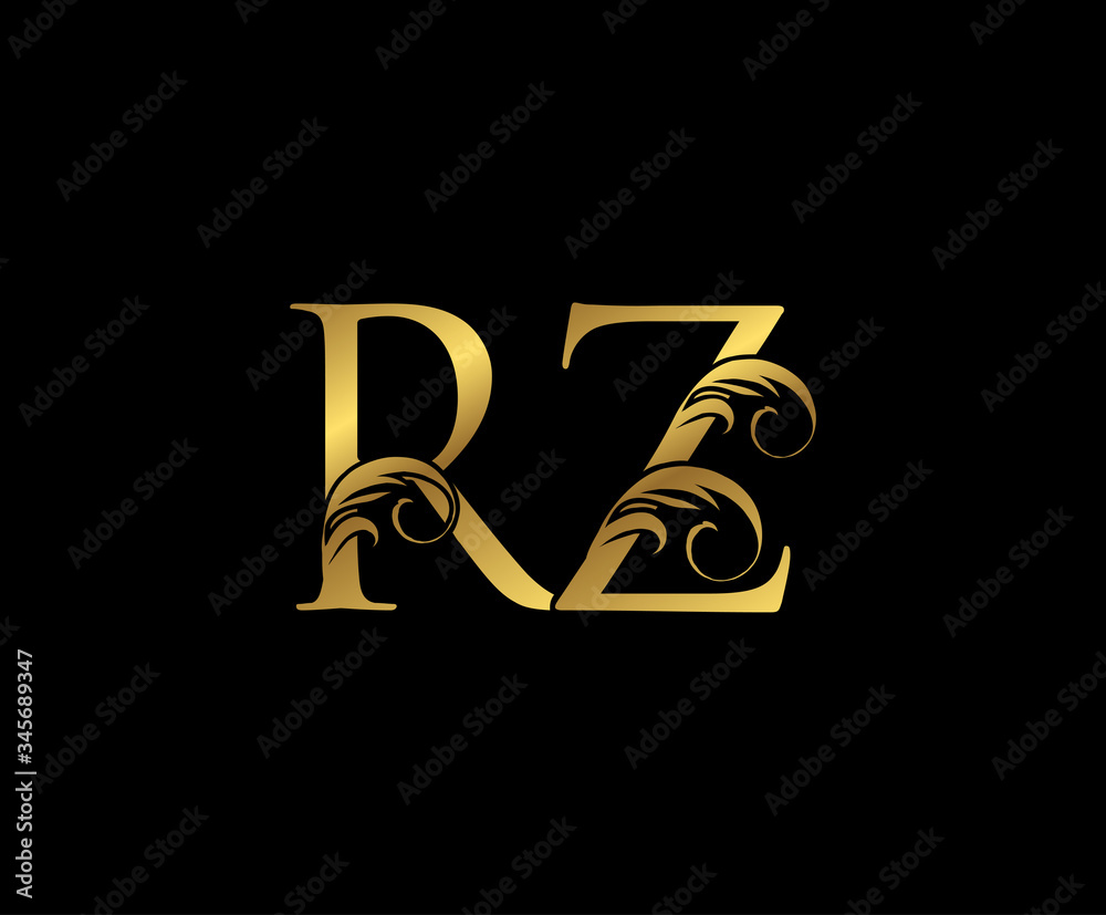 Elegant Gold RZ Letter Floral logo. Vintage drawn emblem for book ...