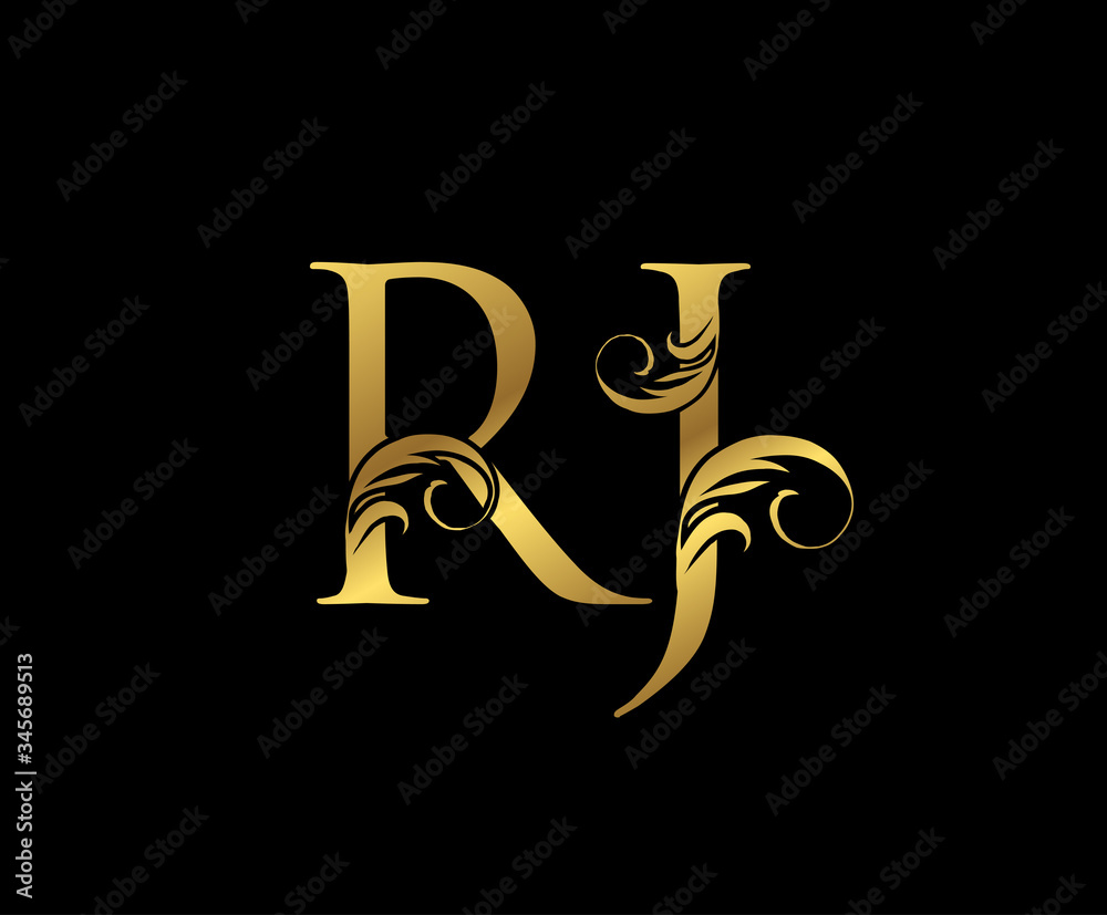 Vetor do Stock: Elegant Gold RJ Letter Floral logo. Vintage drawn ...