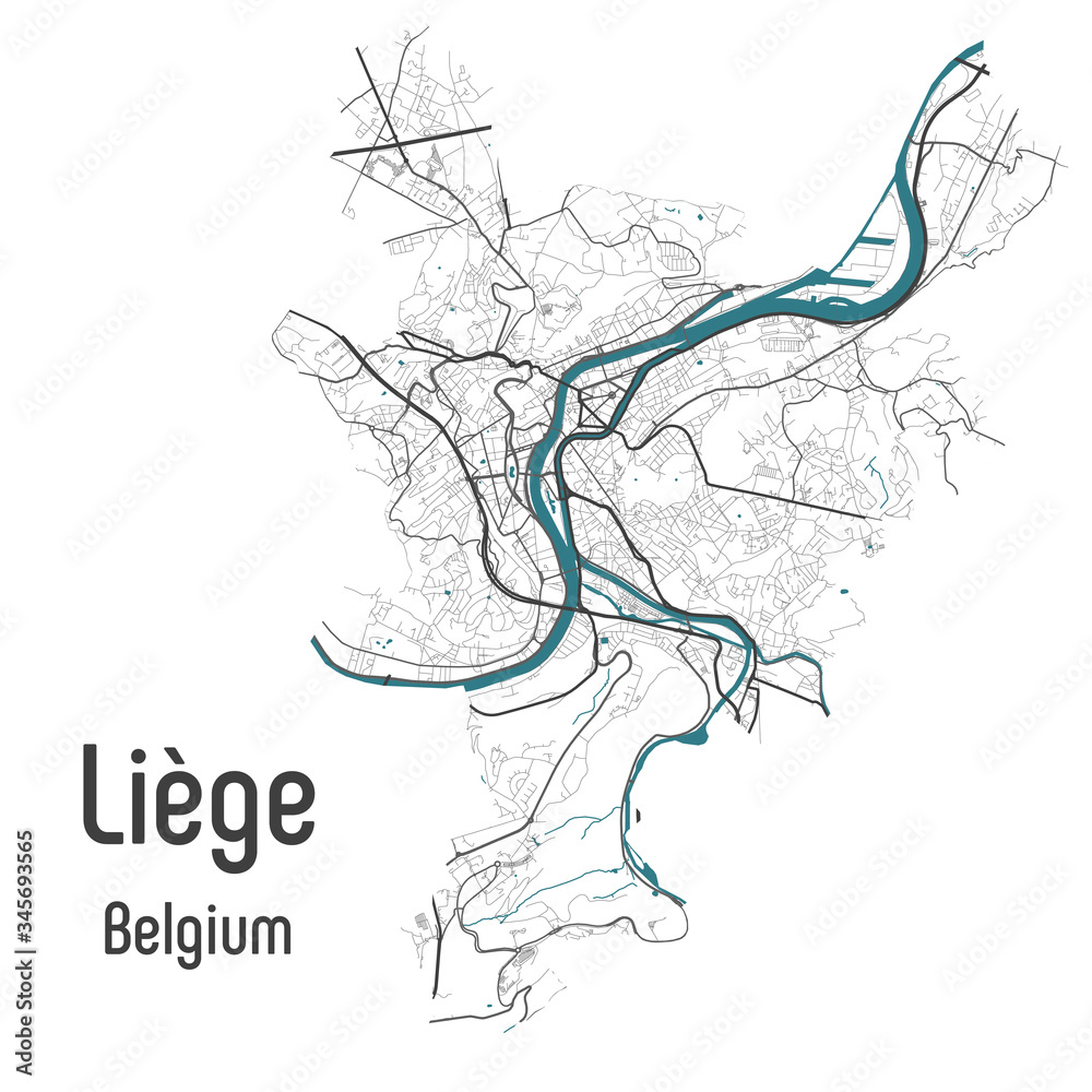 Map of Liege Luik Lüttich city within administrative borders with roads ...