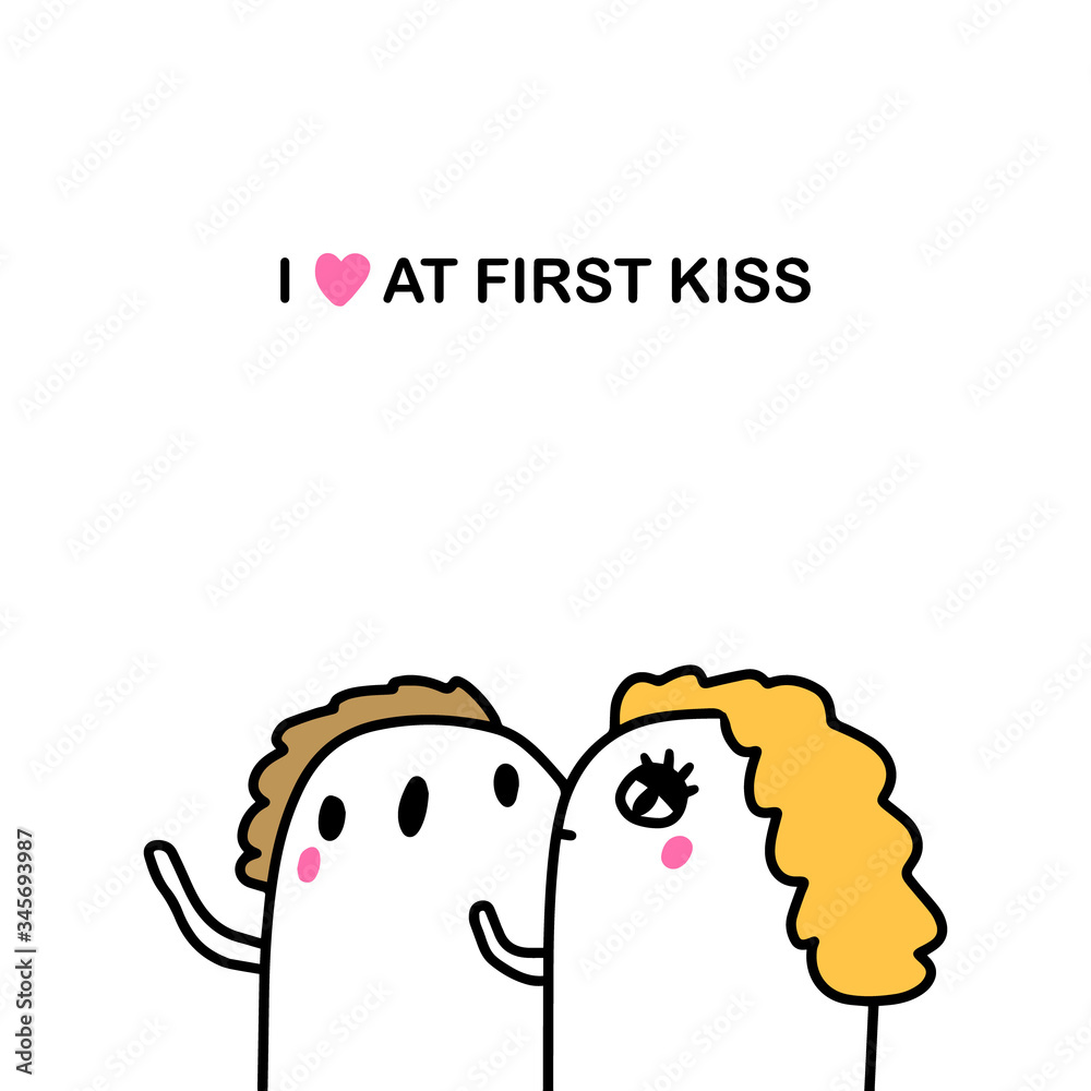 I love at first kiss hand drawn vector illustration in cartoon comic ...