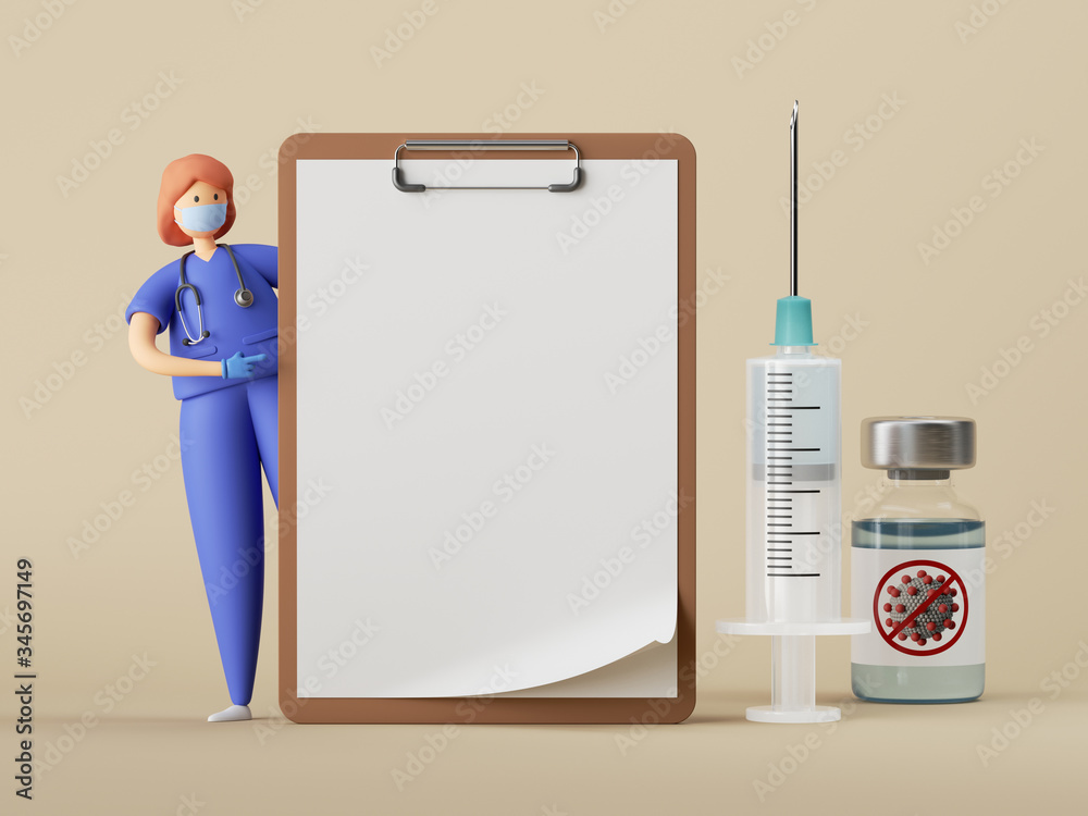 3d render. Woman doctor cartoon character stands near the big blank ...