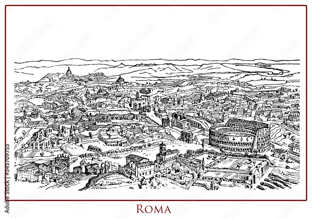 Vintage illustrated table with a panoramic view of the city of Rome ...