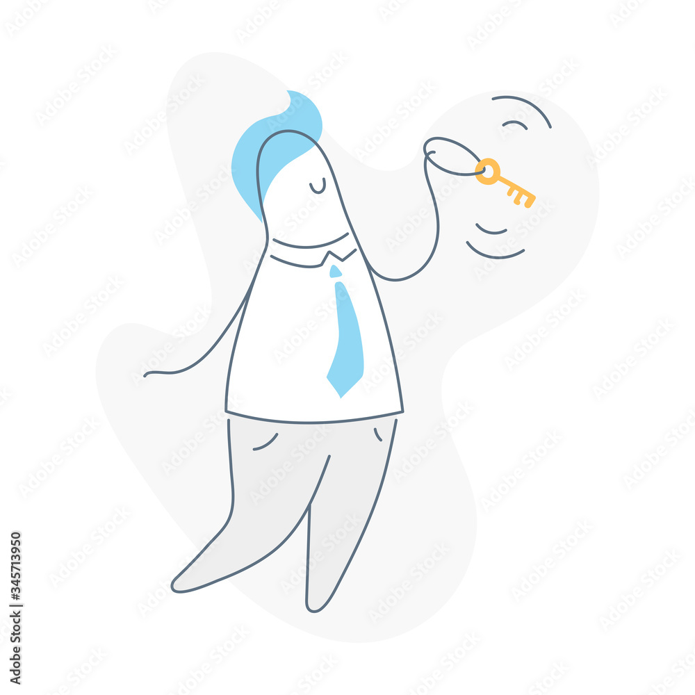 Cute cartoon man with a key in his hand. Opportunity, registration ...