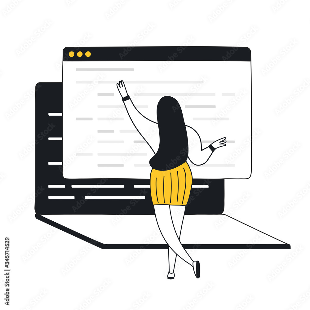 Website programming and coding concept. Cartoon woman in front of laptop display editing lines ...