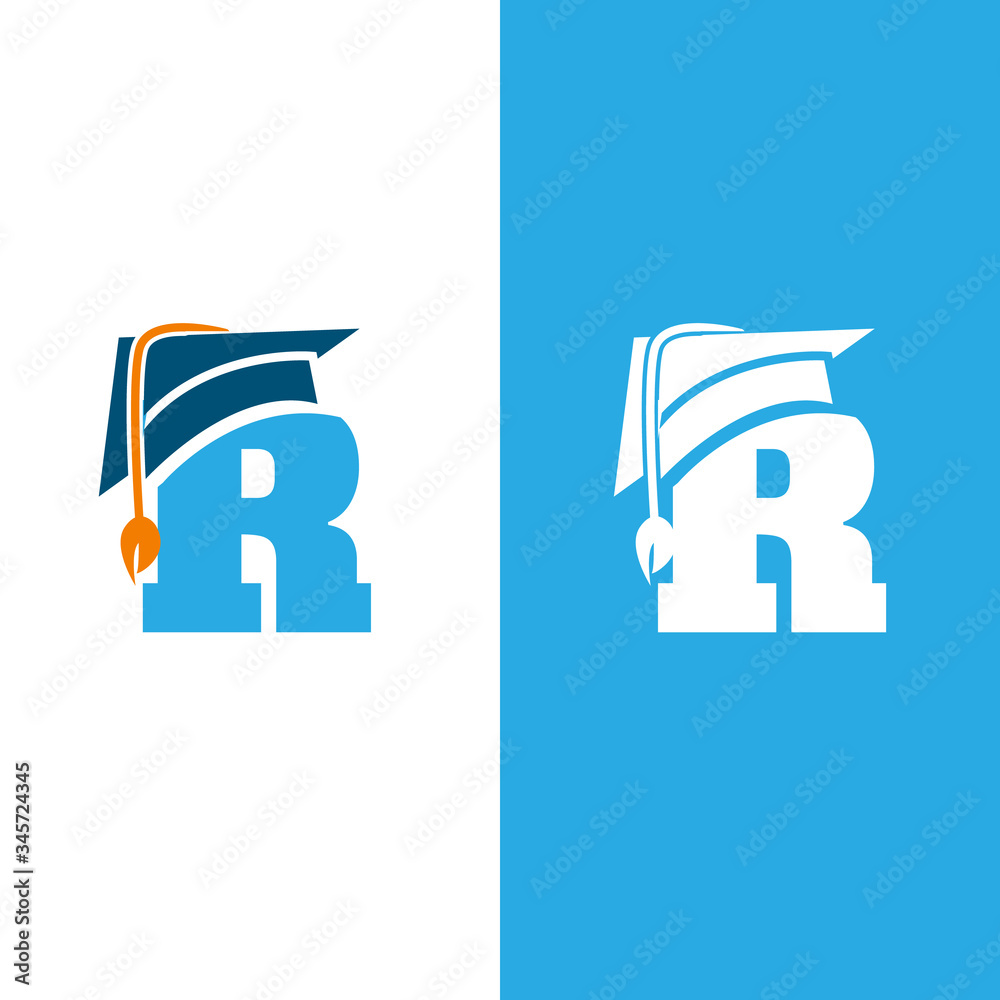 Initial letter R with graduation hat isolated white and blue background ...