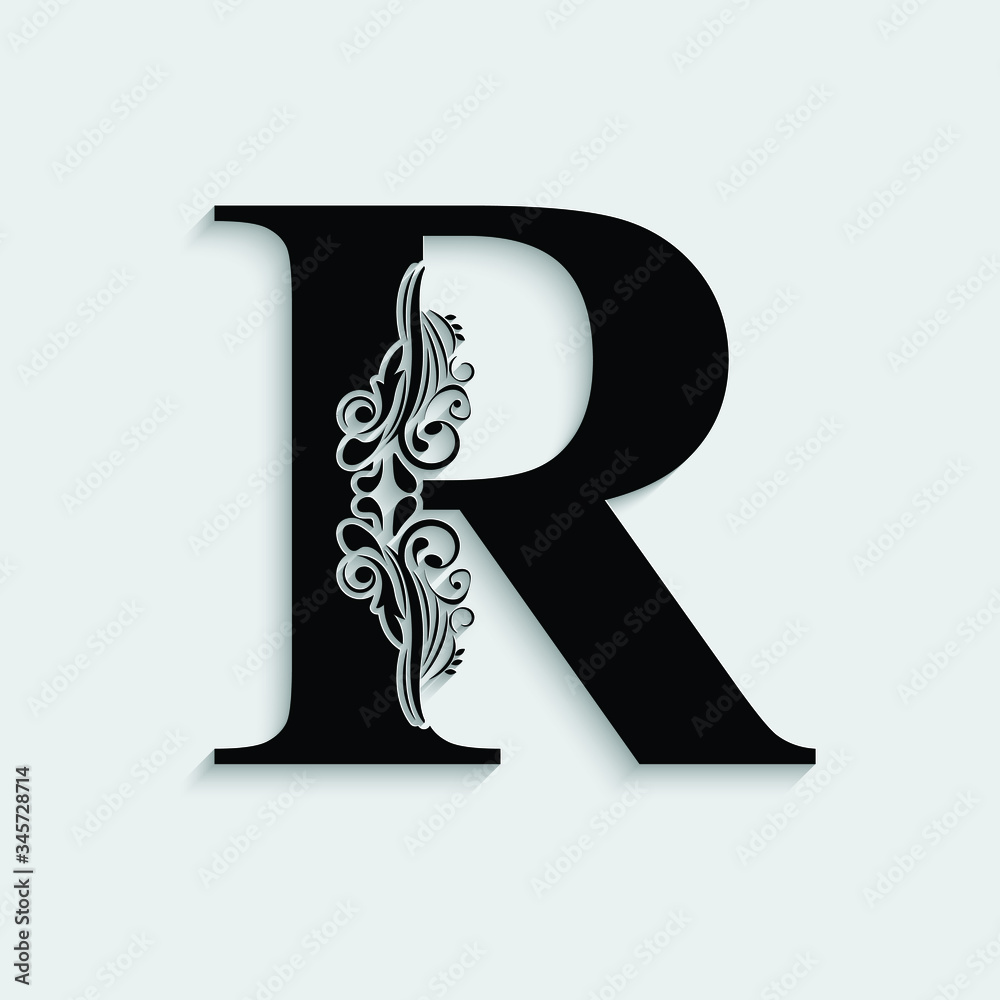 letter R. Black flower alphabet. Beautiful capital letters with shadow ...