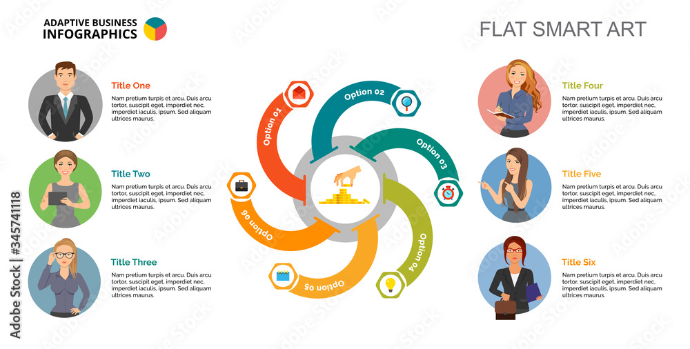 Six colleagues team process chart slide template. Business data. Income ...