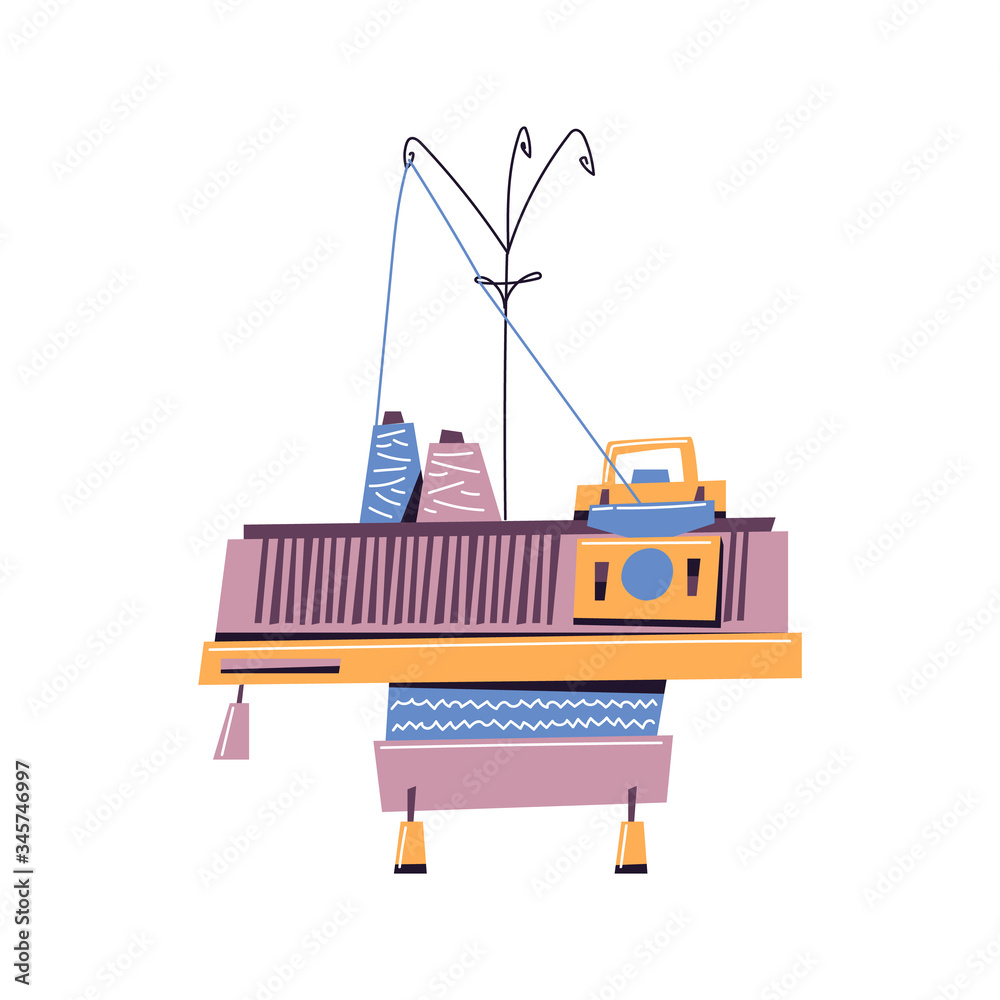 The workplace with knitting machine and shelves with bobbins at home ...