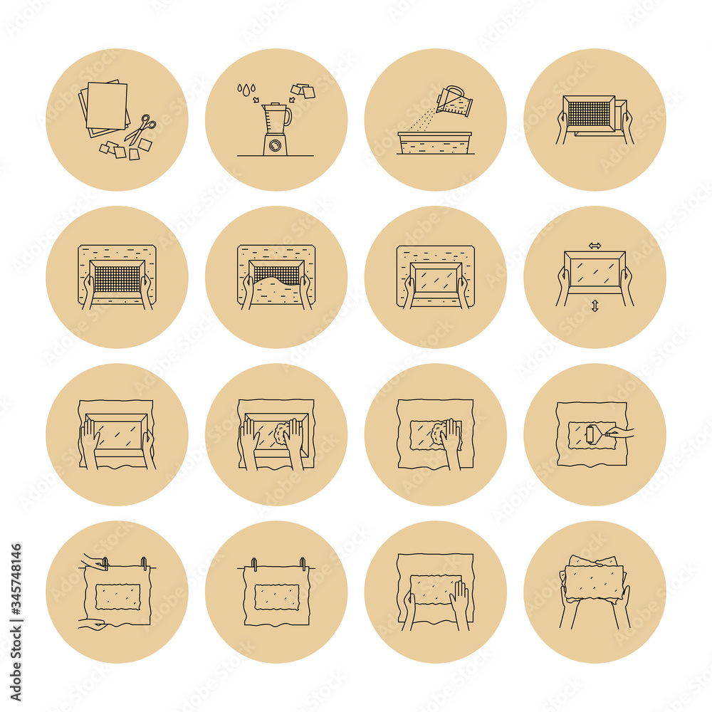 Vector illustration.Thin line icons of hand papermaking process ...