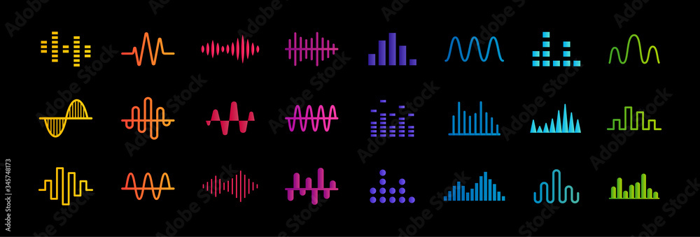 Set of music equalizer icons, sound waves lines, rate and chart bar ...