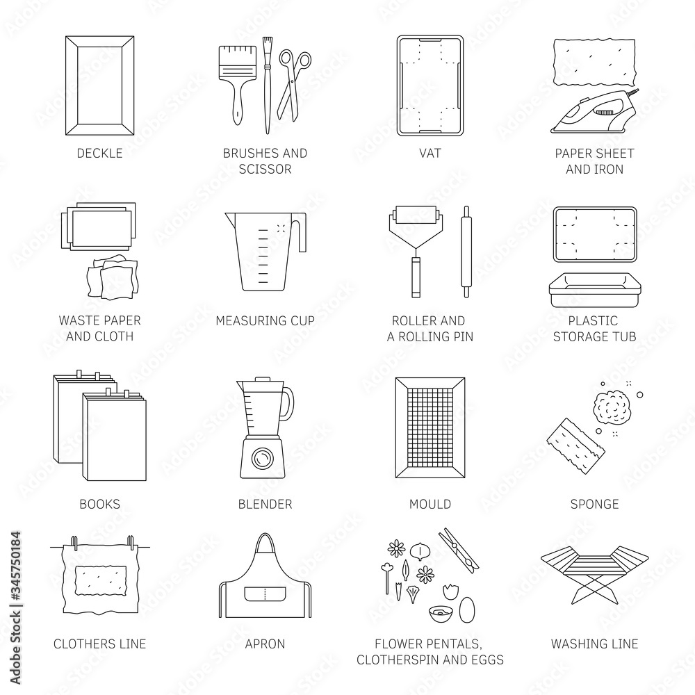 Vector illustration. Thin line icons of the items for hand papermaking ...