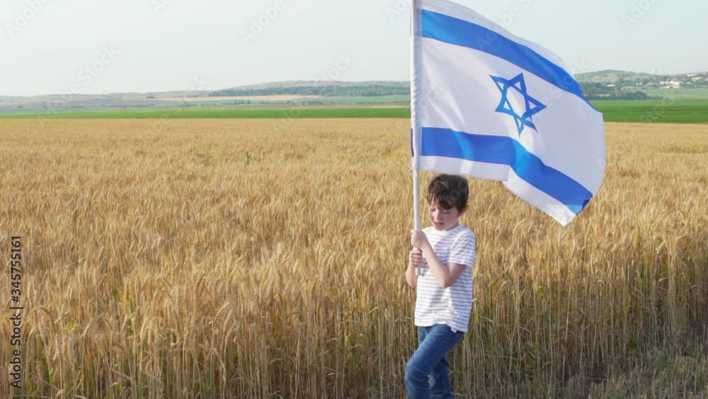 Boy with Israeli flag walking through a wheat field and waving Israeli ...