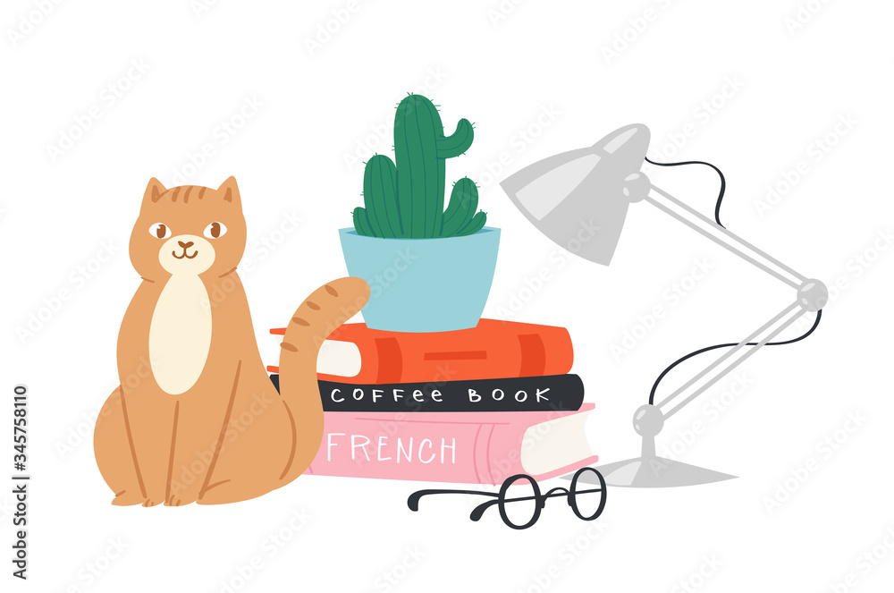 Cartoon hand drawn cozy Illustration of books and cats with calligraphy ...