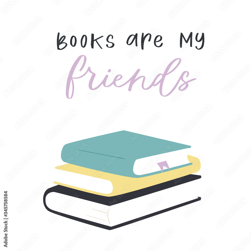 Cartoon hand drawn vector Illustration of books with calligraphy text ...