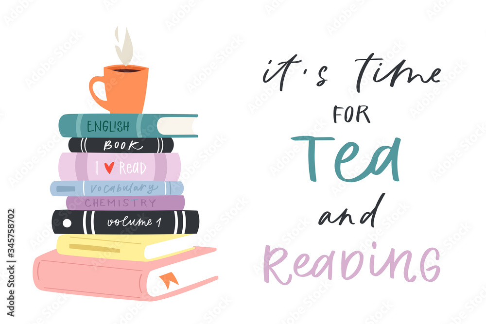 Cartoon hand drawn vector Illustration of books with calligraphy text ...