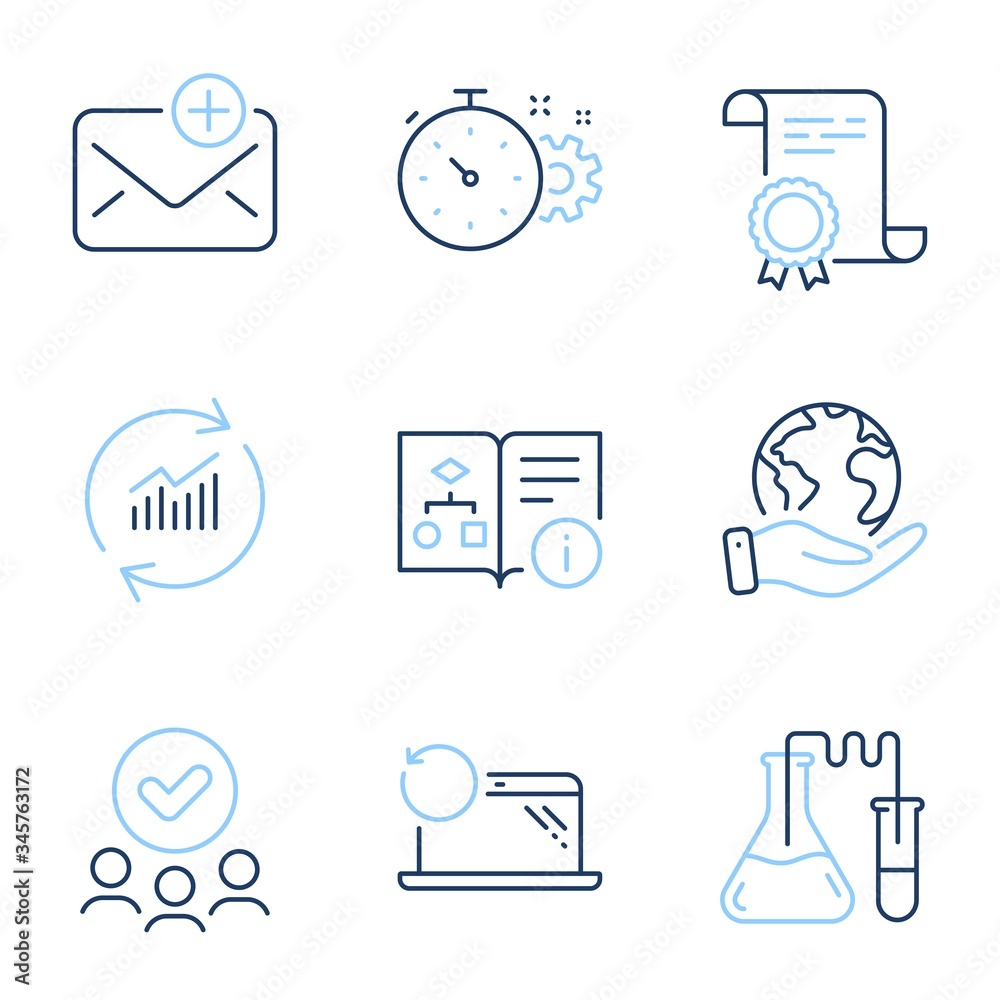 Technical algorithm, Chemistry lab and New mail line icons set. Diploma certificate, save planet ...