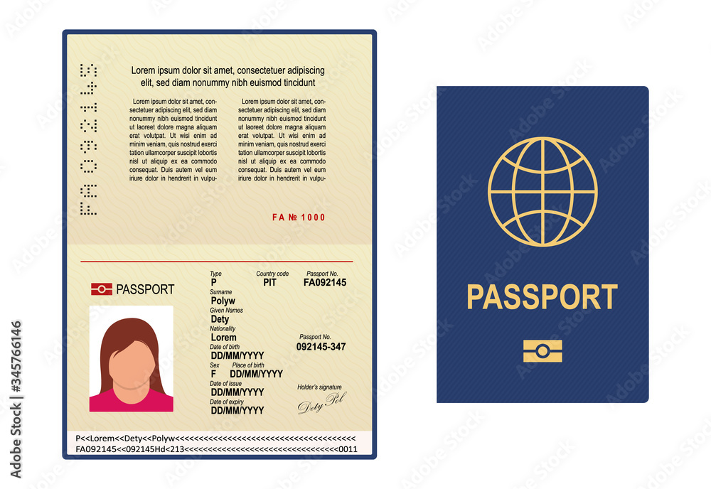 Vector passport template. Open page of visa document with personal ...