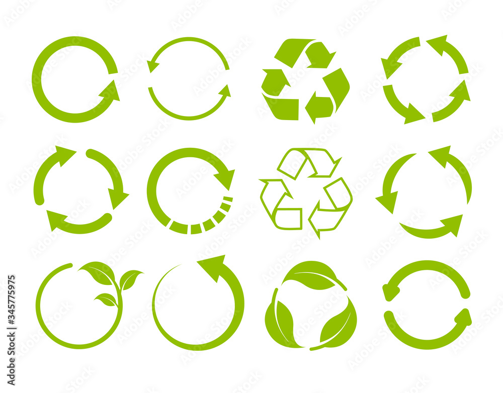 Recycling icon collection. Vector set of green circle arrows isolated ...