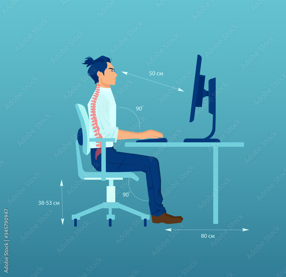 Vector of an office worker with correct sitting posture ergonomics at ...