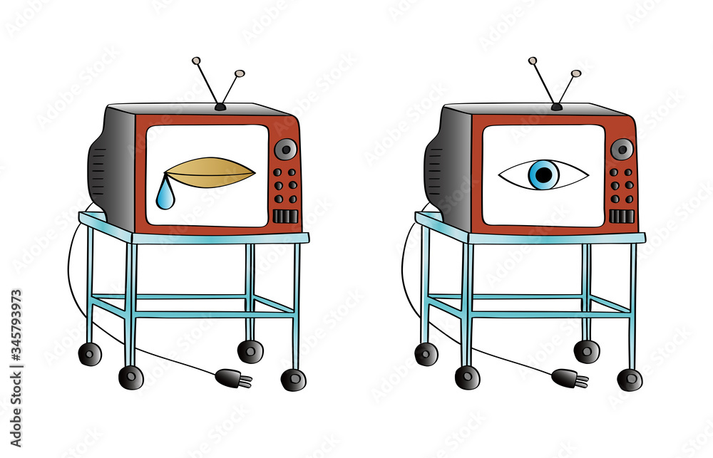 Old tv, television with antenna on a steel table with wheels. Retro ...