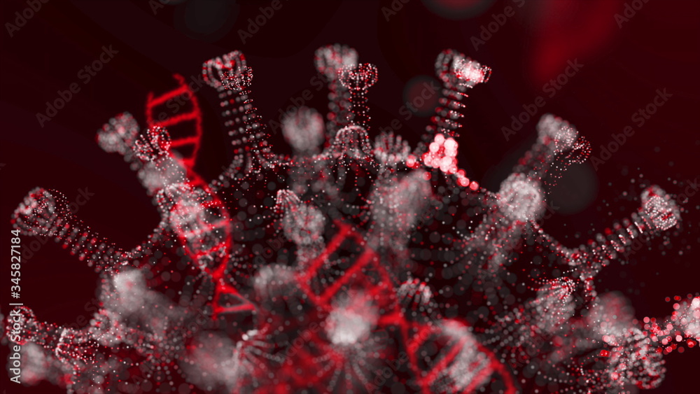 3D visualization of the coronavirus. Pathogens, and dna strand shown as round azure cell with ...