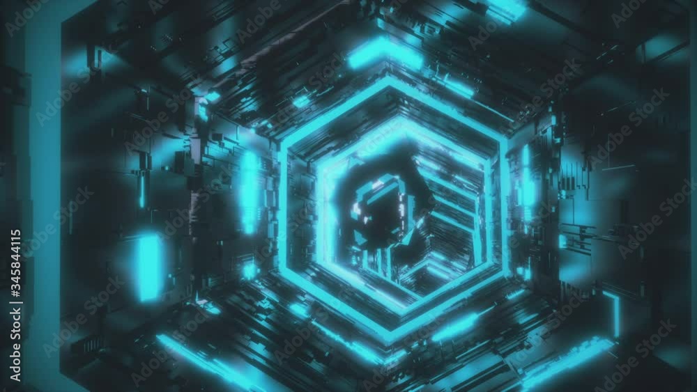 Vivid azure neon lights accompaning a specular polyhedron moving ...