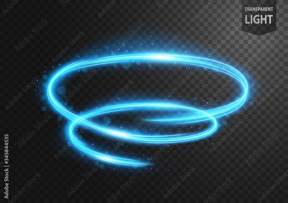 Abstract blue line of light with blue sparks, on a transparent ...