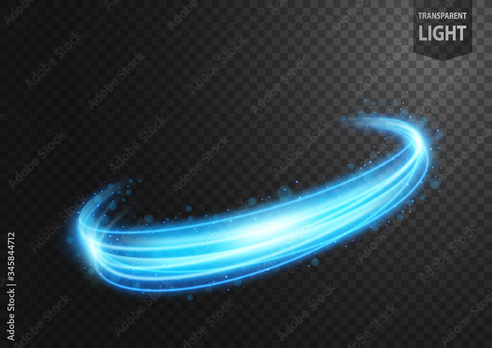 Abstract blue line of light with blue sparks, on a transparent ...