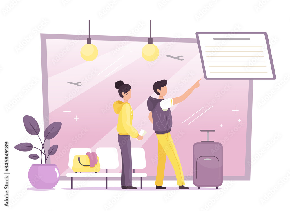 Young couple at the airport watching their flight. Travel. The airport ...