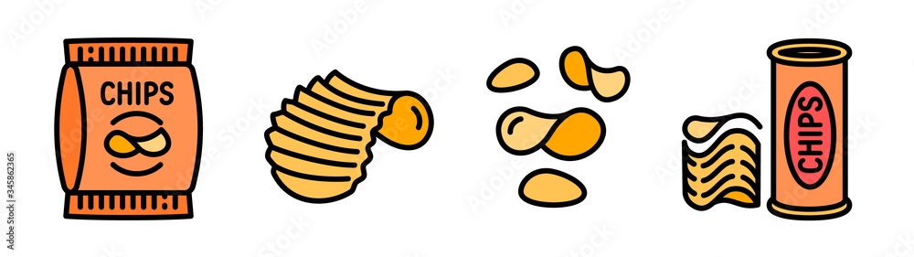 Chips potato icons set. Outline set of chips potato vector icons for ...