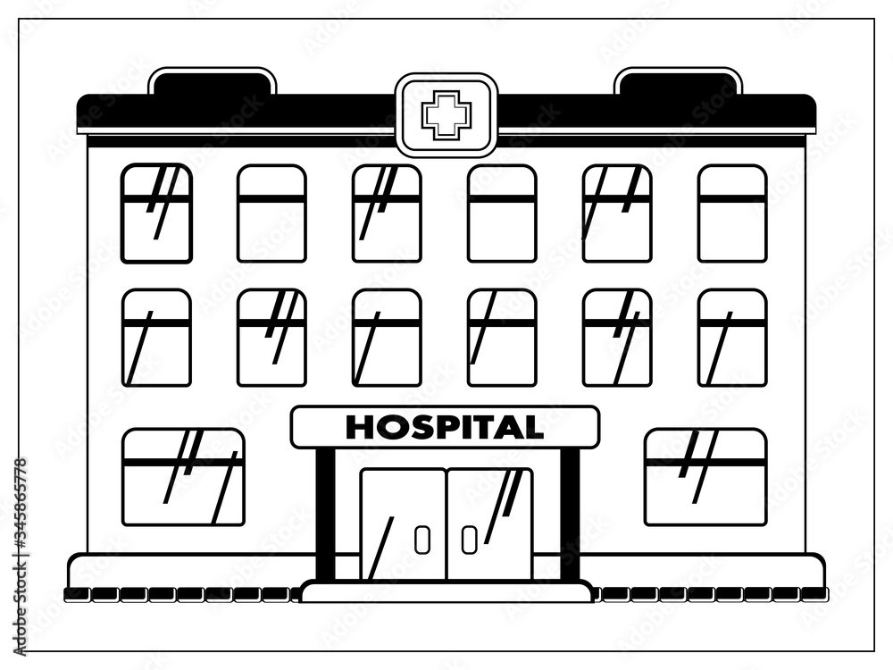 Vector illustration with outlines of medical facility, hospital ...