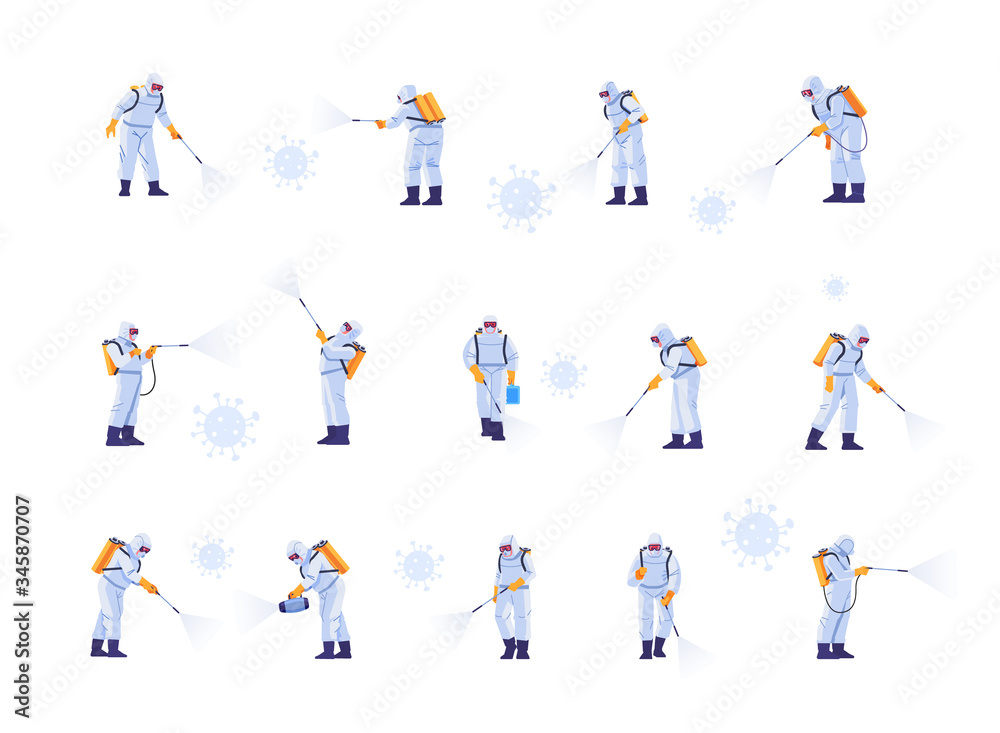Disinfecting work teams wear protective masks and spacesuits against ...