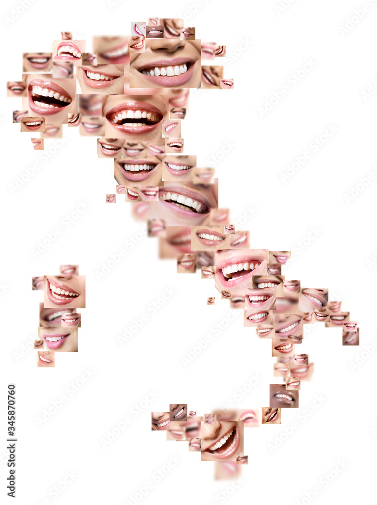 Happy Italy concept. Collage of laughing people with great teeth, shape ...