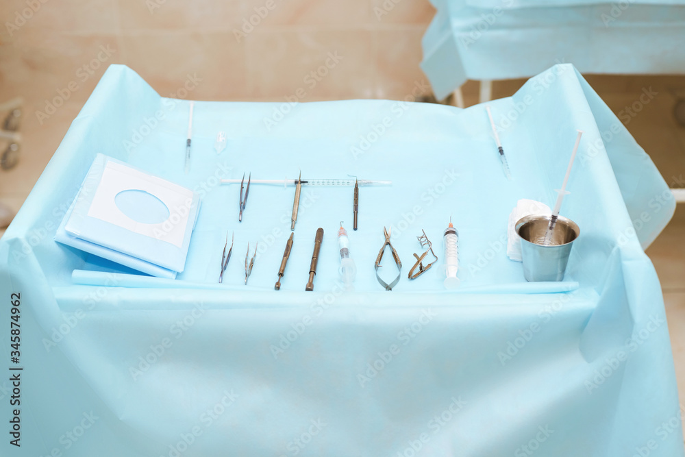 Foto de Surgery tools. Operation room inside. Blue color. Microsurgery ...