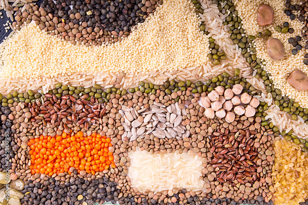 Food background. Stylized food map of various Legumes, sereals, beans ...