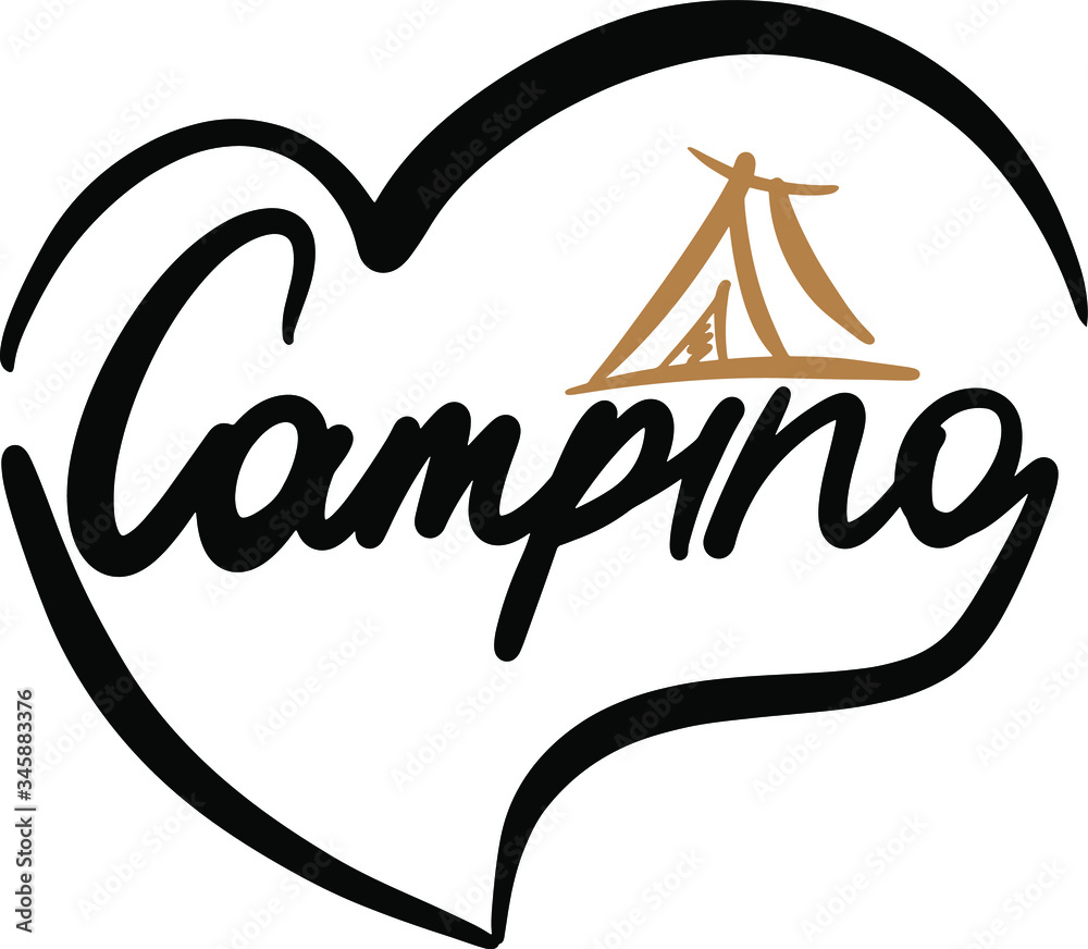 lettering style camping, handwritten with heart and brown tent, logo ...